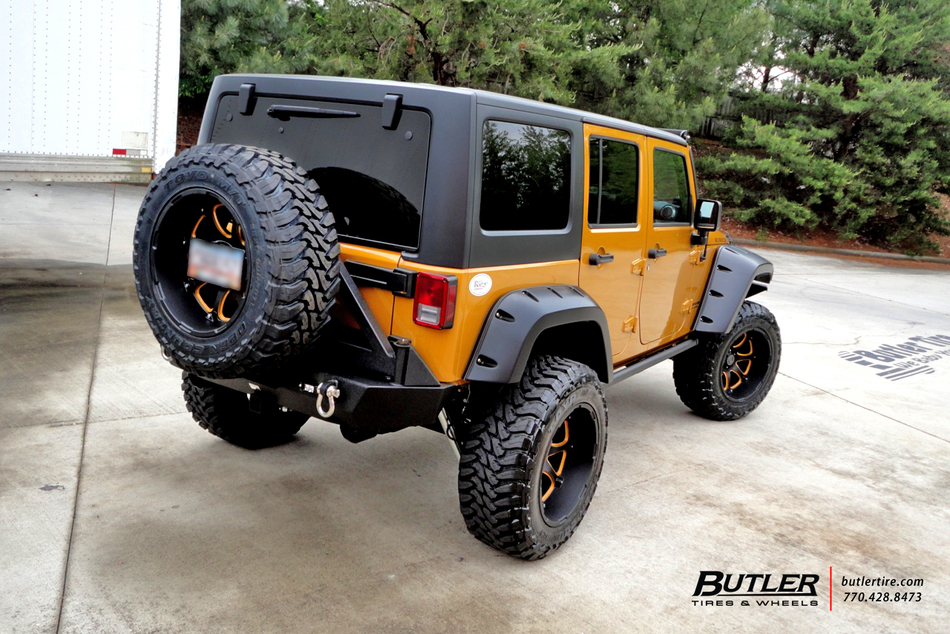 Custom Black and Orange Jeep Rubicon on Black Rhino Glamis Wheels ...